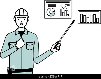 Man in helmet and workwear analyzing a performance graph, Vector ...