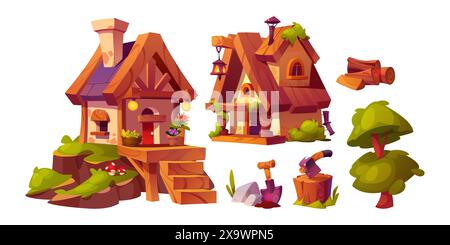 Fairytale village houses and landscape elements. Cartoon vector ...
