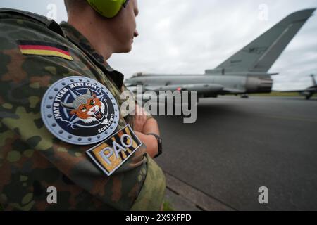 Jagel, Germany. 03rd June, 2024. A fighter jet with Tiger livery takes ...