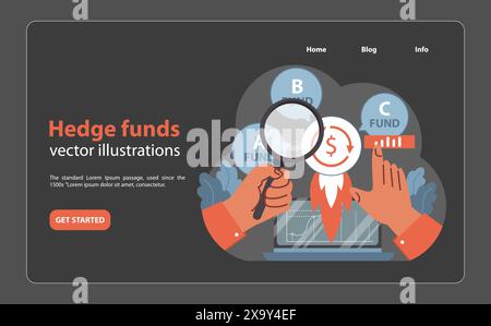Hedge funds concept. Hands explore diverse portfolios with a magnifying ...
