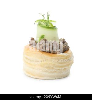 Delicious puff pastry with mushrooms, cucumber and dill isolated on ...