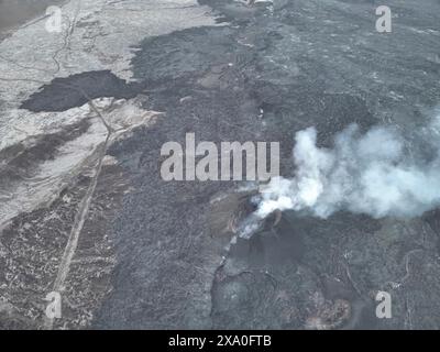 Grindavik, Iceland. 08 May, 2024. Aerial view showing hardened magma ...