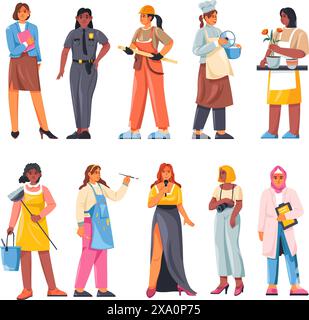 Female characters of different occupations and professions standing in ...