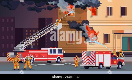 Burning city building and firefighter truck vector cartoon illustration ...