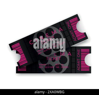 Two cinema tickets with barcode. Realistic style front view. Design with film reel. Cinema ...