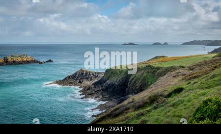 Aerial view of Pointe du Grouin island at sunrise with beautiful ...