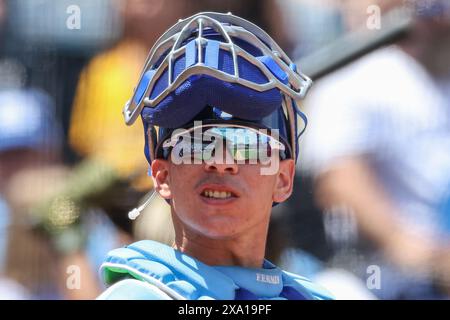 San Diego Padres' Freddy Fermin batting base running of a baseball game ...