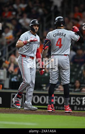 Minnesota Twins outfielder Trevor Larnach (9) hits during a 2-run home ...
