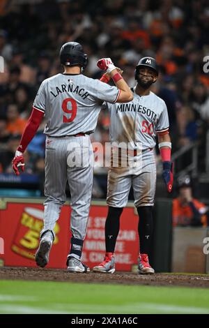 Minnesota Twins Trevor Larnach (9) celebrates his two-run home run with ...
