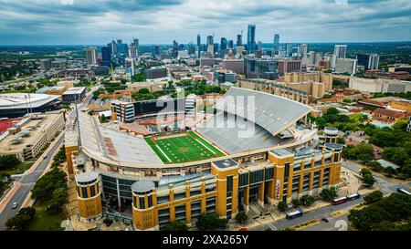 An aerial view of Darrell K Royal-Texas Memorial Stadium on the campus ...