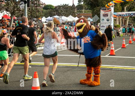 An entertainer in a turkey costume encourages foot race contestants at ...