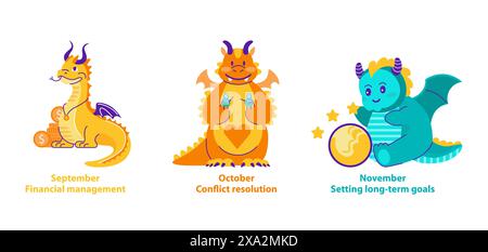 Dragon Helpers set. Illustration of dragons guiding through financial ...