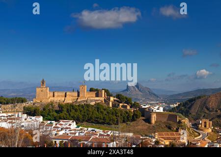 Aerial view of Antequera Moorish fortress with rectangular keep, city ...