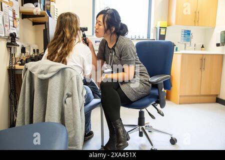 Asian female medical professional examining anatomical brain model ...