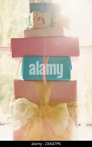 Group people with stack gift box Stock Photo - Alamy