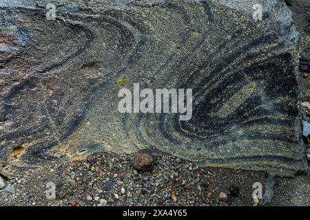 Swirly flow lines of volcanic glass (obsidian) within a piece of lava ...