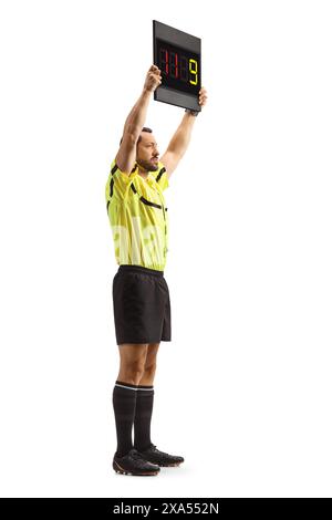 Football referee holding a substitute board isolated on white ...