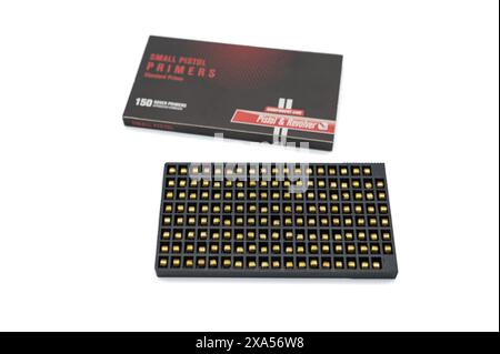 Detail of a box of small pistol type primers for reloading pistol ...