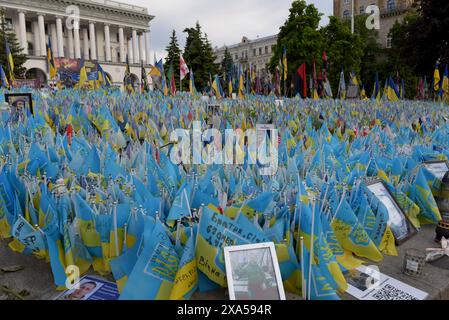 A huge memorial display of Ukrainian flags carrying names of fallen ...