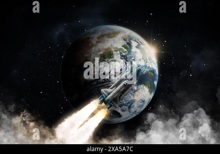 Rocket flying near planet in space, banner design Stock Photo - Alamy