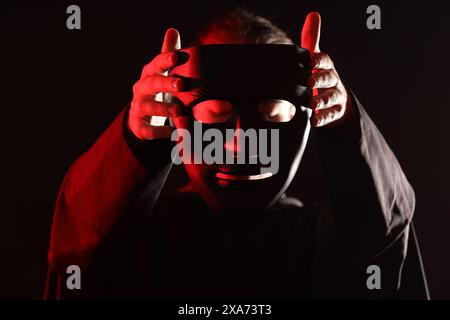 Theatrical performance. Man with plastic mask and sunglasses on black ...
