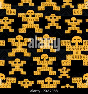 Ancient colombian golden figure seamless pattern over dark red wine ...