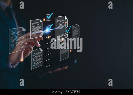 Document management concept, Businessman check electronic documents ...