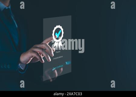 Quality control certificate concept. Businessman show high quality ...