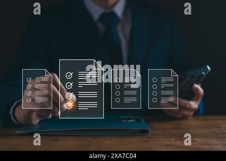Document management concept, Businessman check electronic documents ...