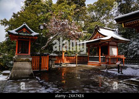 An Ancient traditional Japanese gateway and temples covered in rare ...