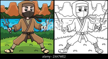 Ninja Holding a Twin Sai Coloring Page for Kids Stock Vector Image ...