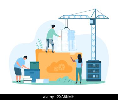 Office organization of document flow. Tiny people loading stack of ...