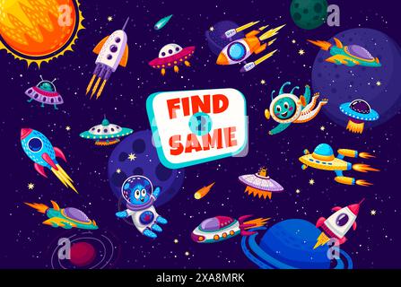 Find two same space objects, cartoon astronaut spaceman with planets ...