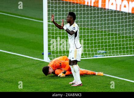 Real Madrid's Vinicius Junior reacts after a fall during a Spanish La ...