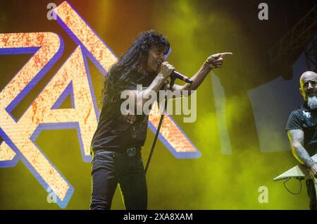 Joey Belladonna of Anthrax performing live on stage at Bloodstock ...