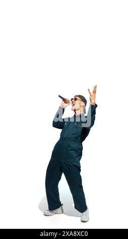 Poster. Young man, musician wearing overalls with sunglasses singing ...