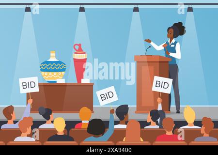 Public bidding for valuable antique vases at auction. Auctioneer with ...
