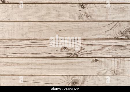 A detailed view of weathered wooden deck planks arranged in parallel ...