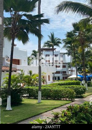 Lush green trees stand against a backdrop of layered red rocks and ...