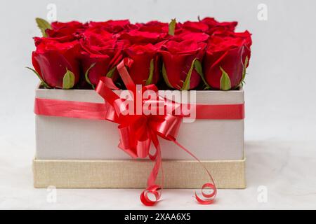 gift box with ribbons and beautiful roses inside, isolated on a white ...