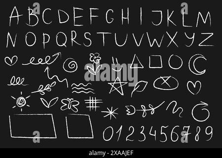 Chalk alphabet letters and numbers on blackboard with uppercase and ...