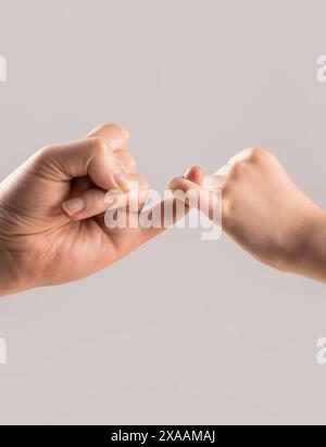Two hands hook pinky fingers together to promise, swear or asking for ...