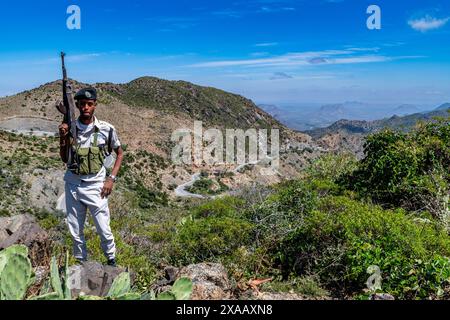 Armed guard and view over the Sheikh Mountains, Somaliland, Somalia ...