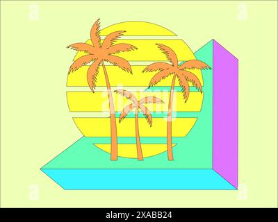 3d triangle with palm trees at sunset in 80s style. Retro futuristic ...