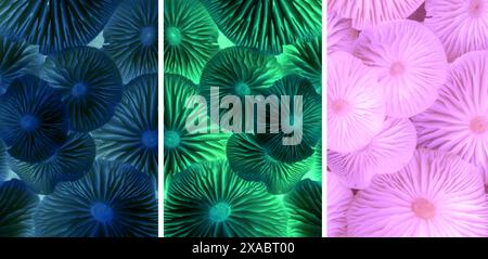 Inverted caps of wild mushrooms of green color. Abstract macro ...