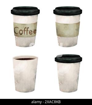 Digital art of coffee cups with lids in patterns. Neutral colors and ...
