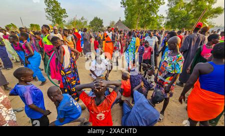 Crowds of locals at a traditional Dinka wedding, Bor, central region ...