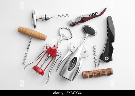 Different corkscrews on white background, flat lay Stock Photo - Alamy