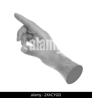Man's hand pointing at something on white background. Black and white ...