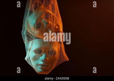 Net bag with plastic face masks on black background, space for text ...